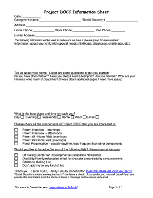 Fillable Online uthsc Project DOCC Information Sheet - University of ...