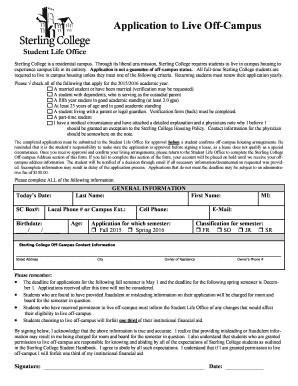 Fillable Online Application to Live Off Campus - Sterling College Fax ...