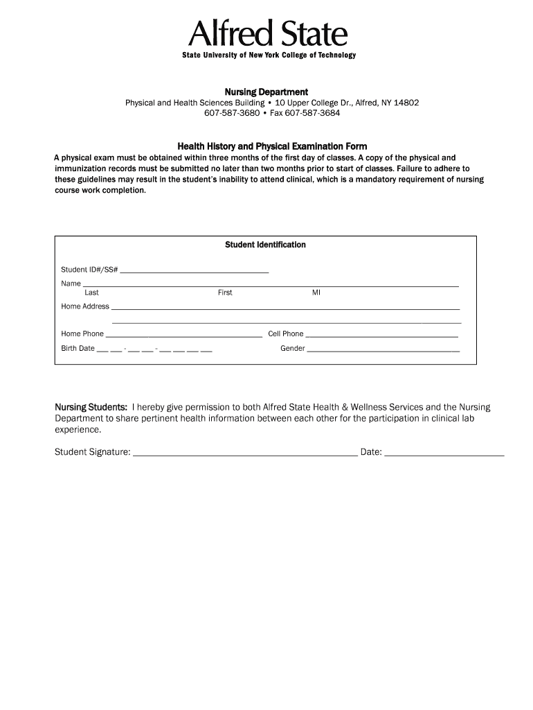 Fillable Online alfredstate Health History and Physical Examination ...