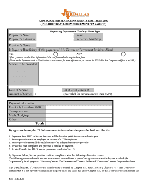 Fillable Online utdallas AFPS FORM FOR SERVICE PAYMENTS LESS THAN 600 ...