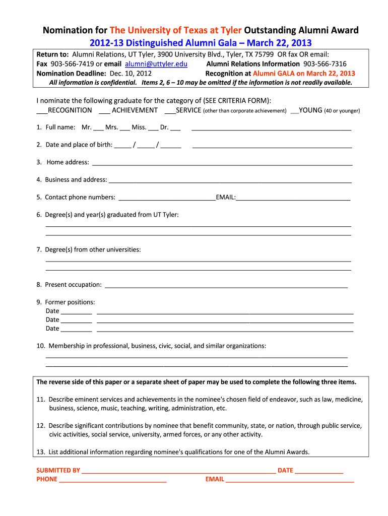 Fillable Online uttyler Nomination for The University of Texas at Tyler ...