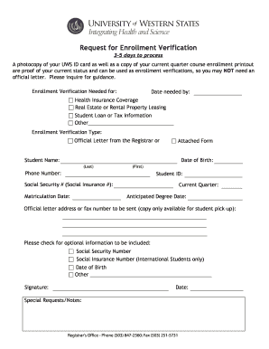 Fillable Online uws Request for Enrollment Verification 35 days to ...