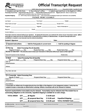 Fillable Online uwest Official Transcript Request - University of the West - uwest Fax Email ...
