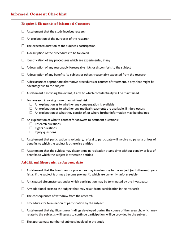 Fillable Online uiw Informed Consent Checklist Required Elements of ...