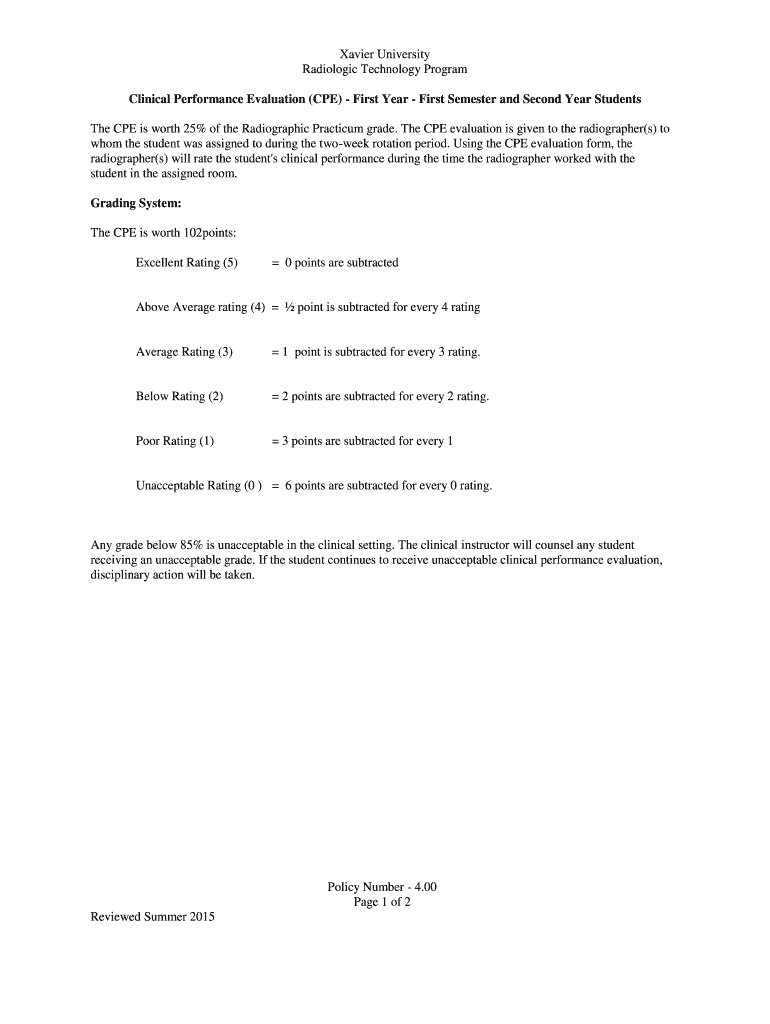 Fillable Online xavier Clinical Performance Evaluation CPE - First Year ...
