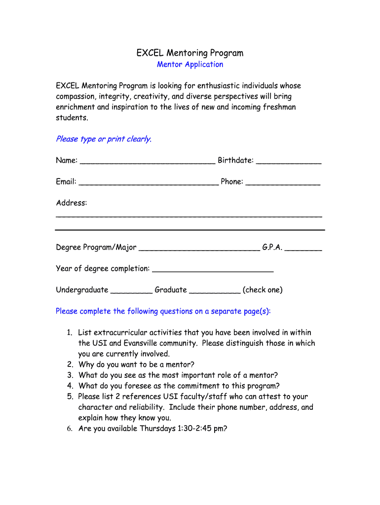 Fillable Online usi EXCEL Mentoring Application No Deadline - usi Fax ...
