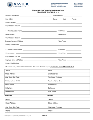 Fillable Online xavier STUDENT ENROLLMENT INFORMATION ACADEMIC YEAR ...