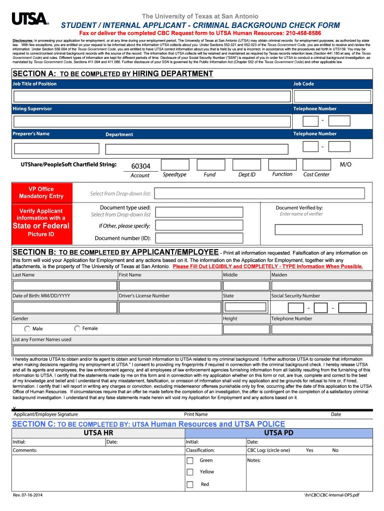 Fillable Online utsa SECTION A TO BE COMPLETED BY HIRING DEPARTMENT Fax ...
