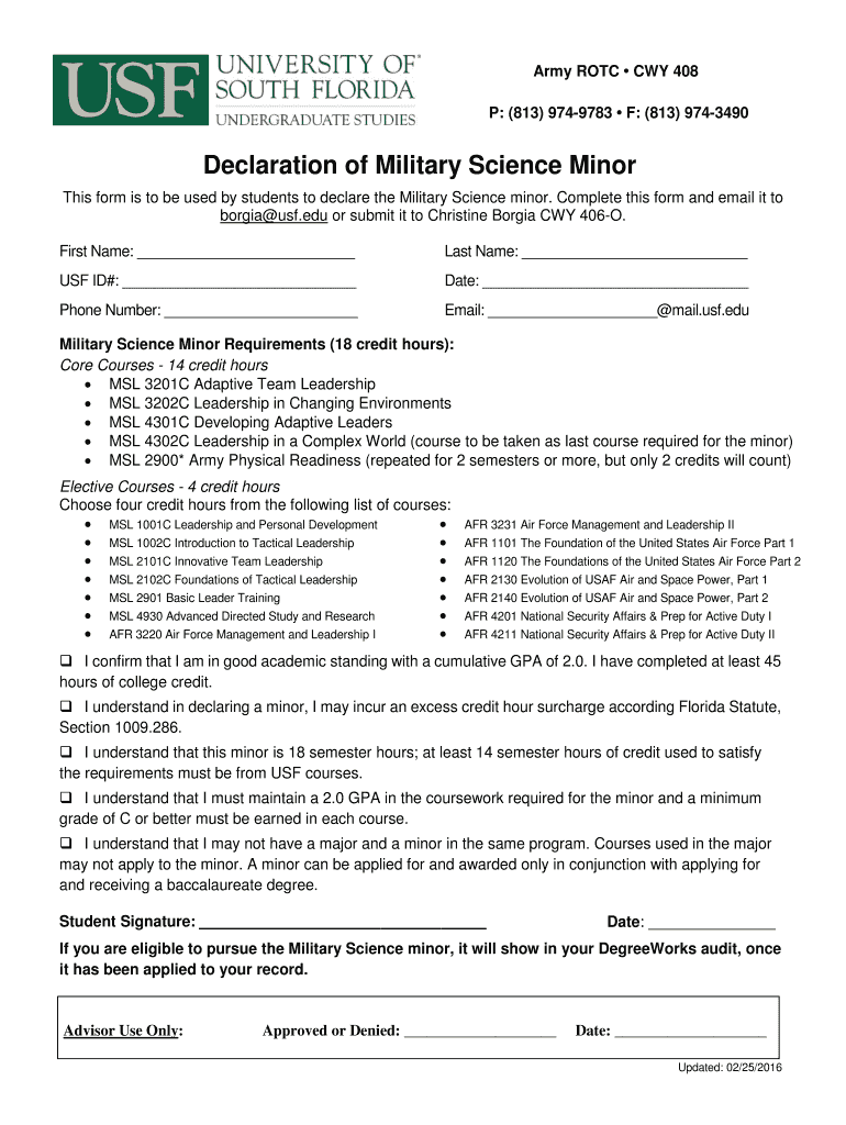 Fillable Online Declaration of Military Science Minor - usfedu Fax ...
