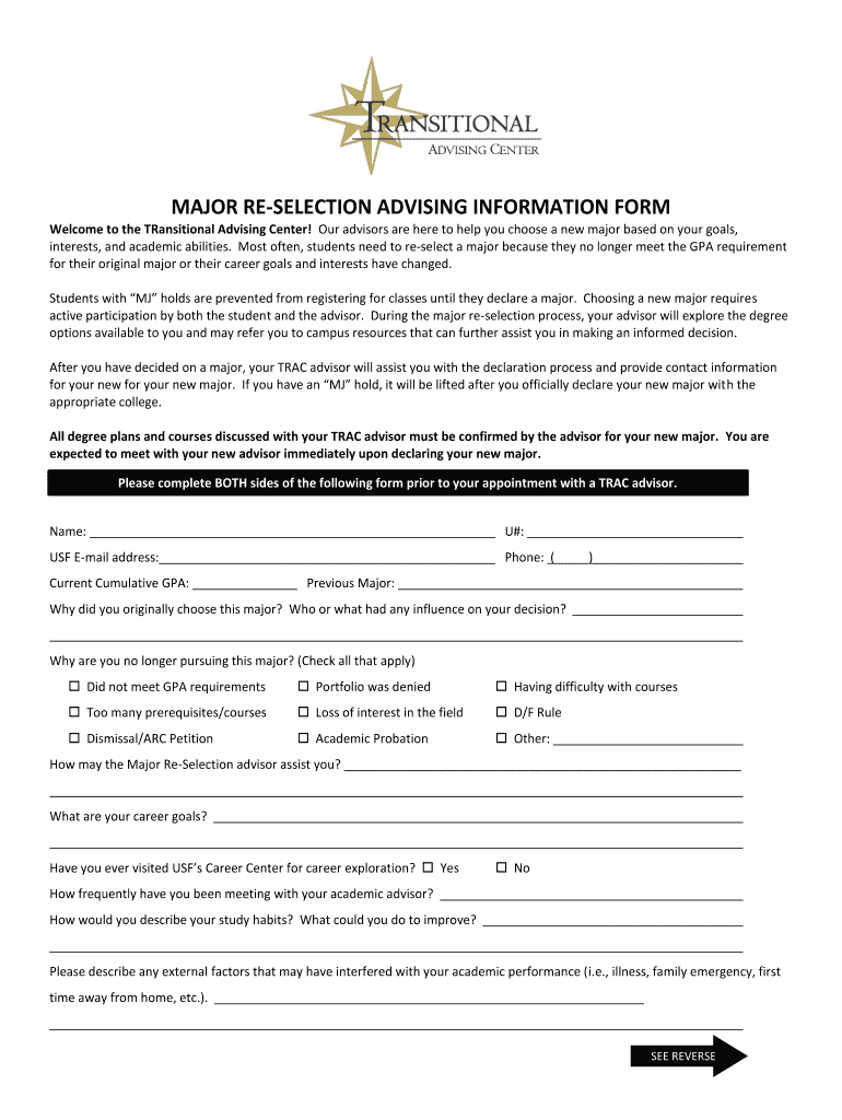 Fillable Online MAJOR RE-SELECTION ADVISING INFORMATION FORM Fax Email Print - pdfFiller