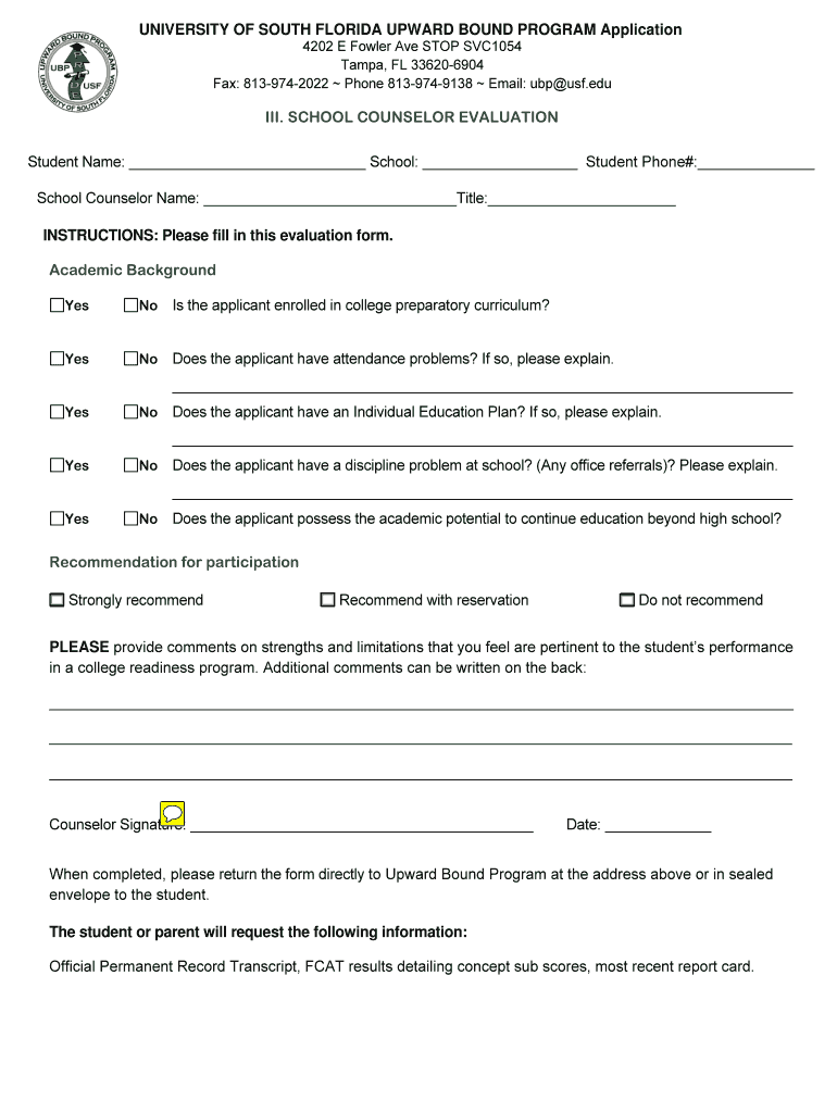 Fillable Online UPWARD BOUND PROGRAM University of South Florida Fax Email Print - pdfFiller