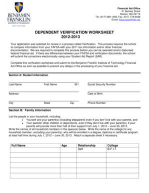 Fillable Online bfit edu DEPENDENT VERIFICATION WORKSHEET 20122013 Your application was selected ...