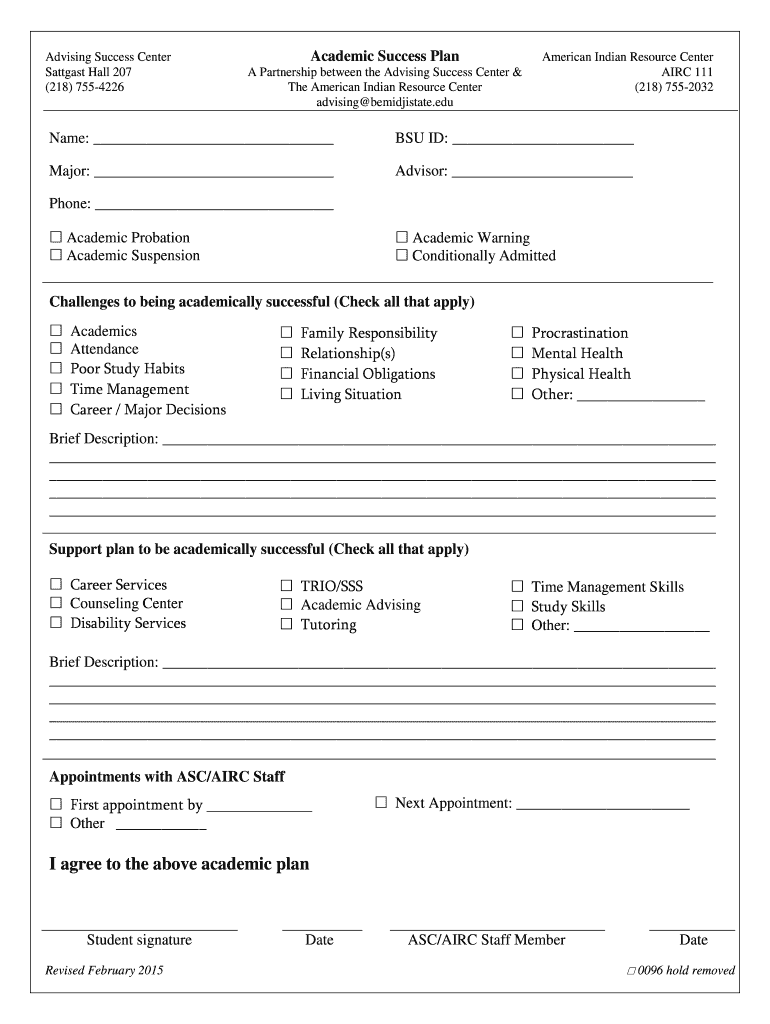 Fillable Online bemidjistate Advising Success Center Academic Success Plan American ...