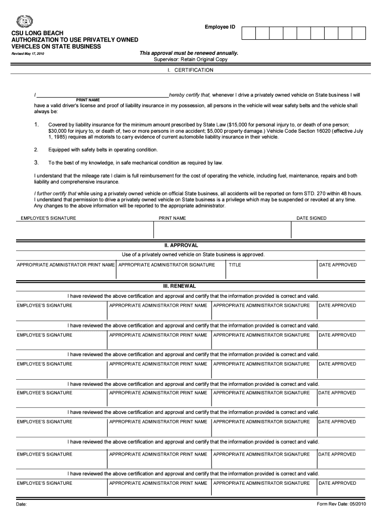 Fillable Online Authorization to Use Private Vehicle for State Business ...