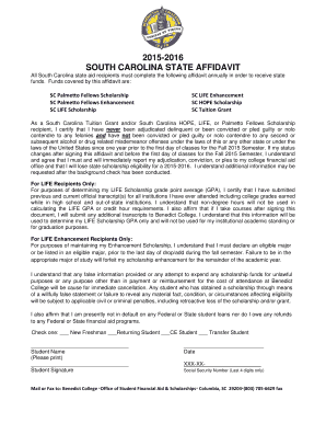 Fillable Online benedict 2015-2016 SOUTH CAROLINA STATE AFFIDAVIT ...