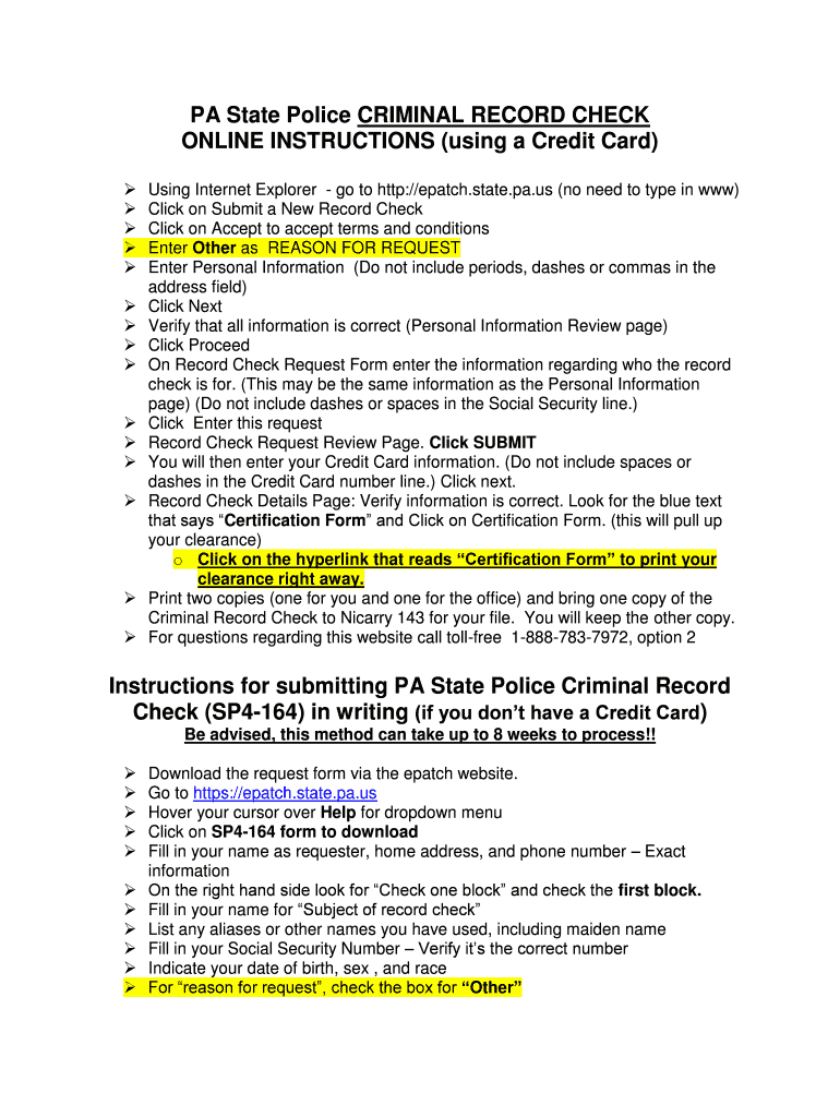 Fillable Online PA State Police CRIMINAL RECORD CHECK Fax Email Print ...
