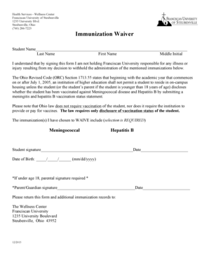 Fillable Online franciscan Immunization Waiver - Franciscan University ...