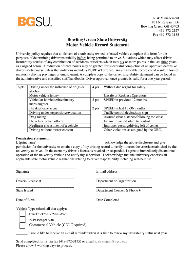 Fillable Online bgsu Bowling Green State University Motor Vehicle Record Statement Fax Email ...
