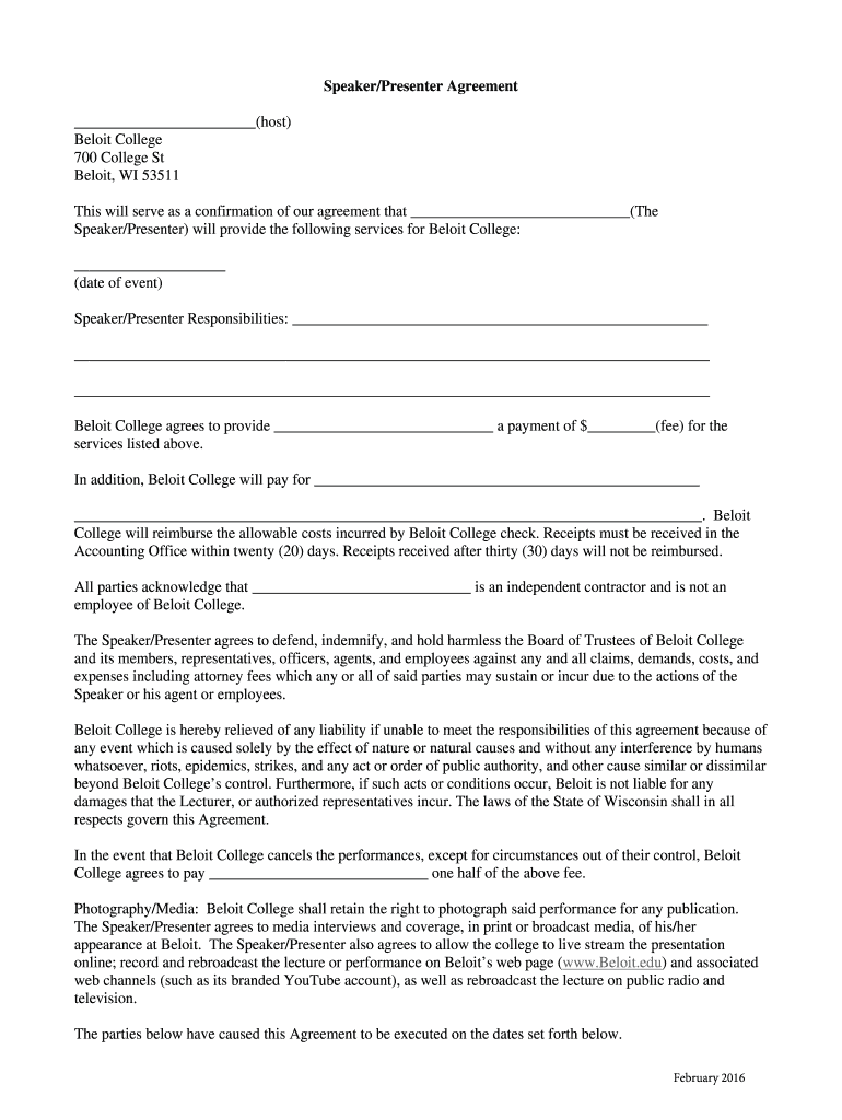 Fillable Online beloit Speaker-Presenter Agreement Formupdated 2-22-16 ...