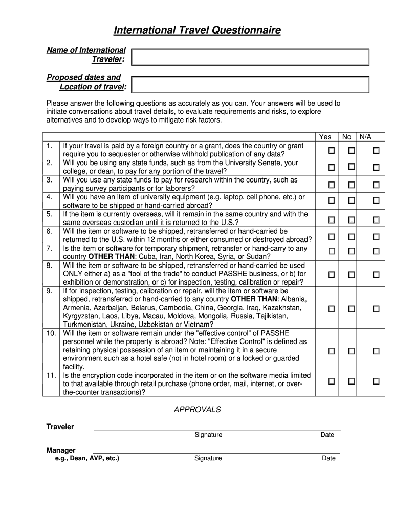 Fillable Online bloomu International Travel Questionnaire ...