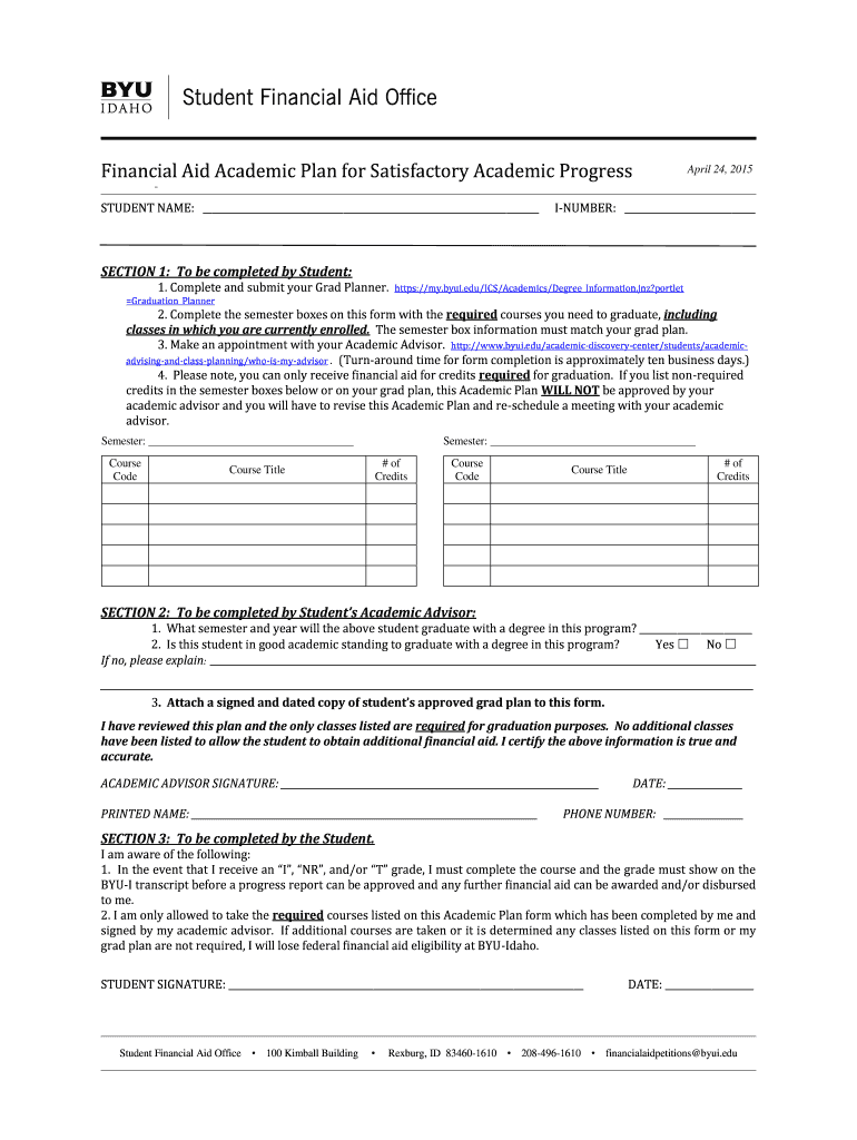 Fillable Online byui Financial Aid Academic Plan for Satisfactory ...