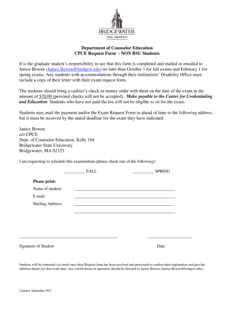 Fillable Online bridgew Department of Counselor Education CPCE Request ...