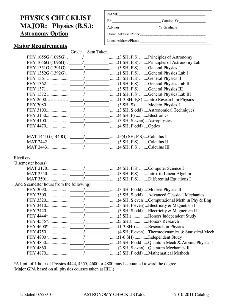 Fillable Online eiu PHYSICS CHECKLIST MAJOR Physics BS Astronomy Option ...