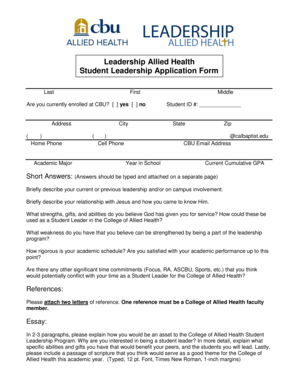 Fillable Online calbaptist Leadership Allied Health Student Leadership ...