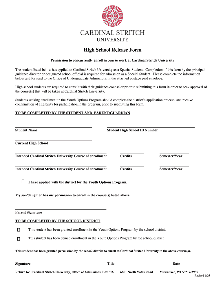 Fillable Online stritch High School Release Form - stritchedu Fax Email ...