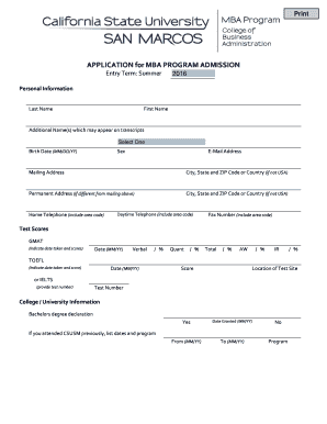 Fillable Online csusm APPLICATION for MBA PROGRAM ADMISSION - CSUSM Fax Email Print - pdfFiller
