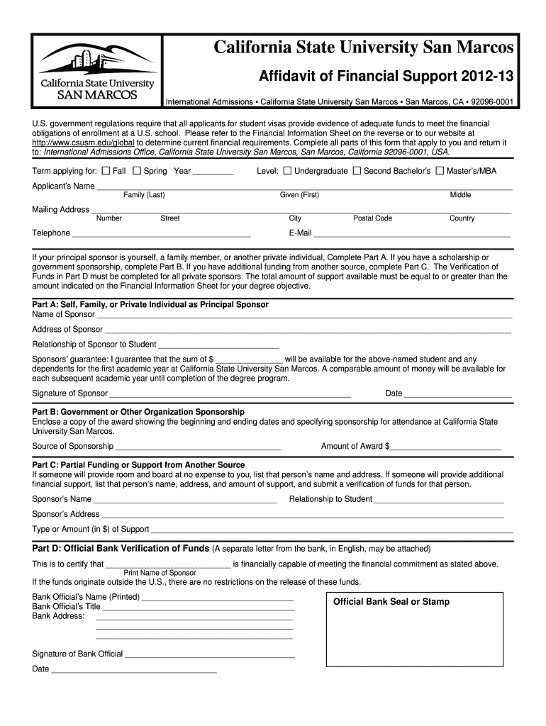 Fillable Online csusm California State University San Marcos Affidavit of Financial Support ...
