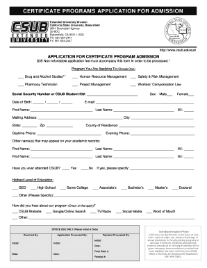 Fillable Online csub CERTIFICATE PROGRAMS APPLICATION FOR ADMISSION Fax ...