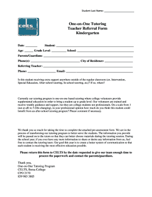 Fillable Online berea One-on-One Tutoring Teacher Referral Form Kindergarten Fax Email Print ...