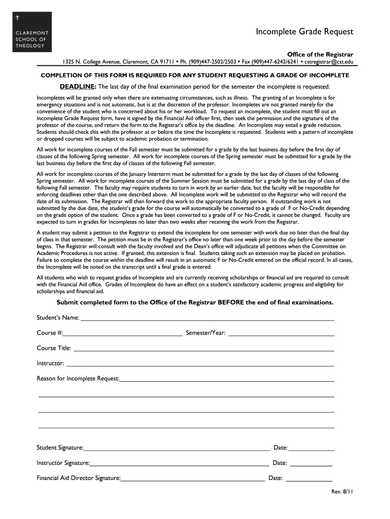 Fillable Online Incomplete Grade Request Fax Email Print - pdfFiller