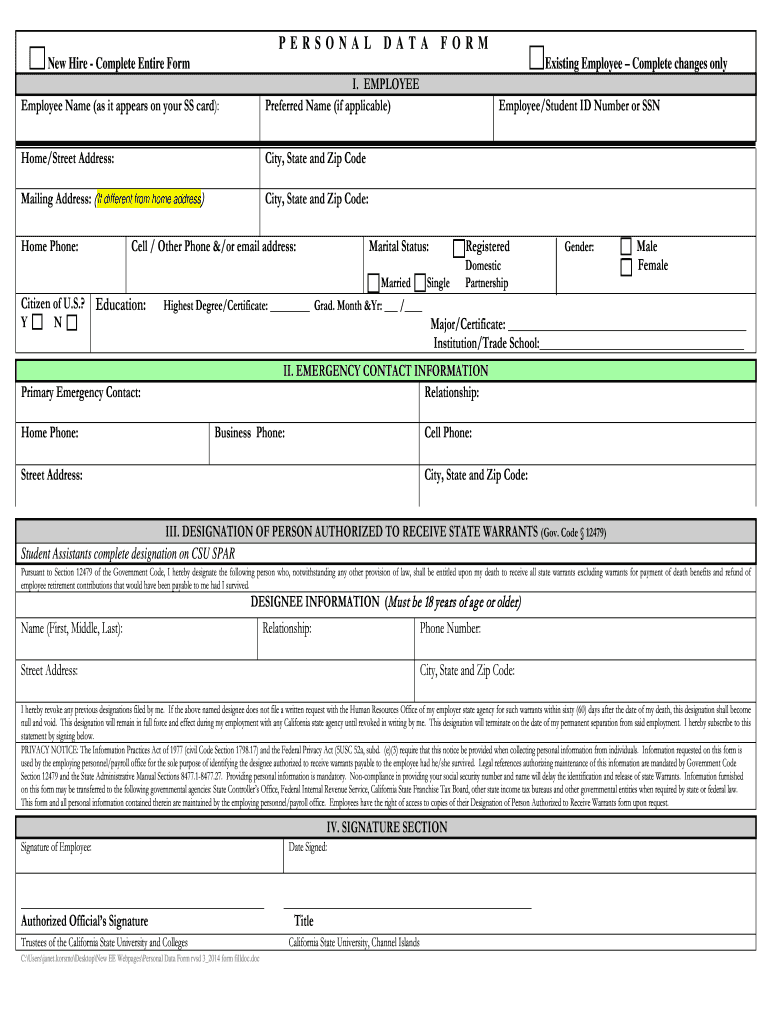 Fillable Online csuci PERSONAL DATA FORM New Hire - Complete Entire Form Fax Email Print - pdfFiller