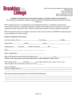 Fillable Online brooklyn cuny F-1 Curricular Practical Training CPT ...