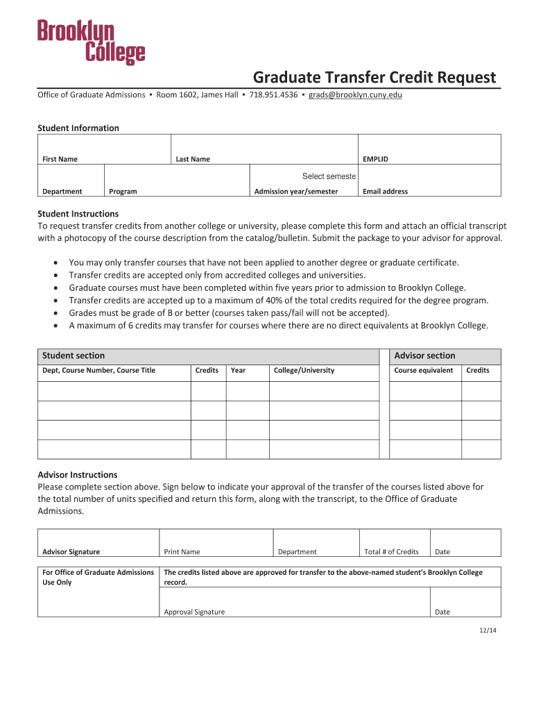 Fillable Online brooklyn cuny Graduate Transfer Credit Request ...