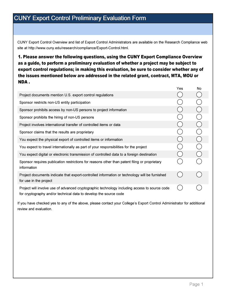 Fillable Online york cuny CUNY Export Control Preliminary Evaluation Form Fax Email Print ...
