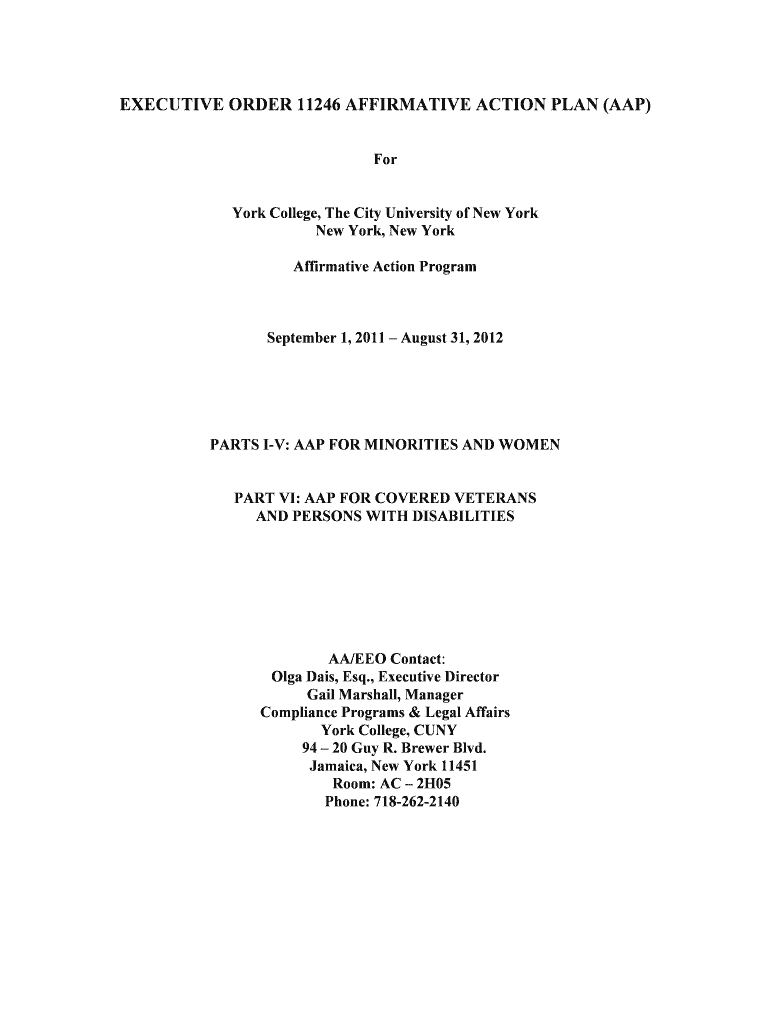 Fillable Online york cuny EXECUTIVE ORDER 11246 AFFIRMATIVE ACTION PLAN AAP - york cuny Fax ...