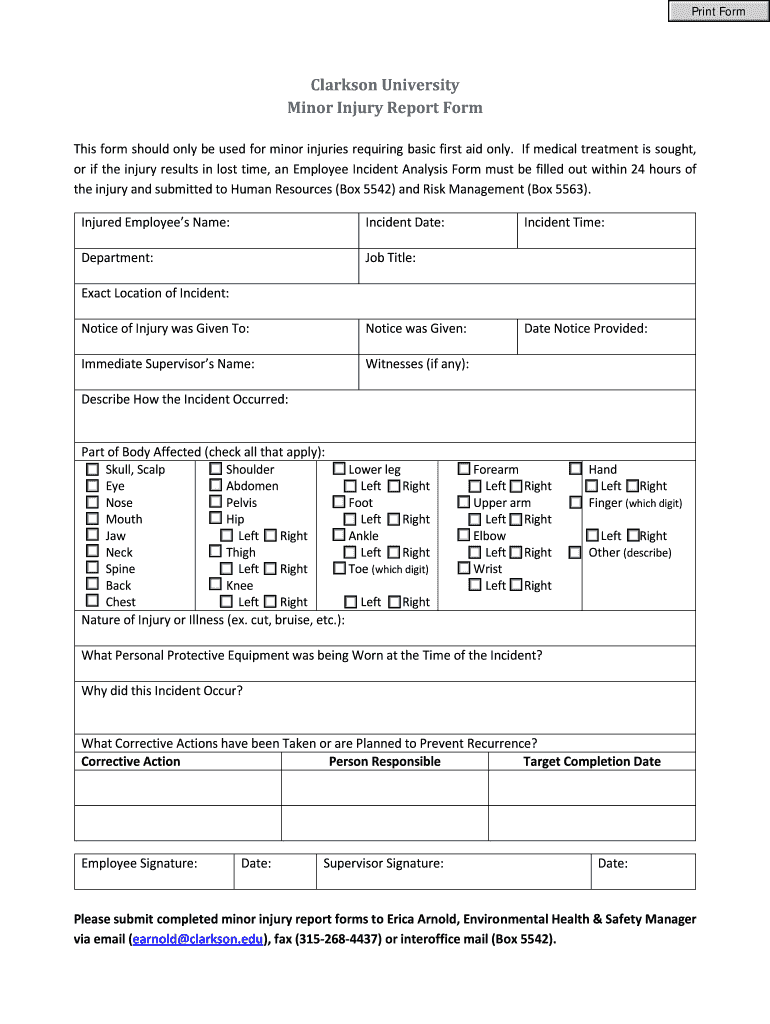 Fillable Online clarkson Clarkson University Minor Injury Report Form ...