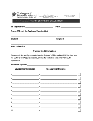 Fillable Online csi cuny To Department Date Emplid Transfer Credit ...