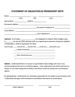 Fillable Online csc STATEMENT OF OBLIGATION PROMISSORY NOTE - csc Fax ...