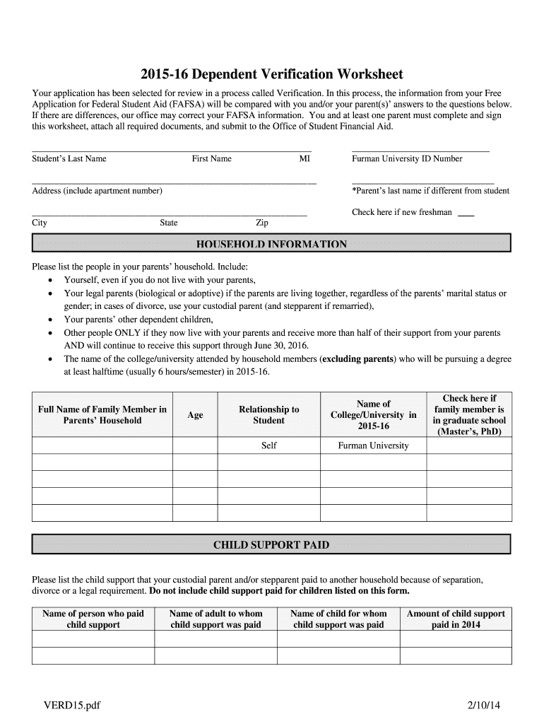 FAFSA Dependent Verification Worksheet 2015 2022 Fill And Sign 