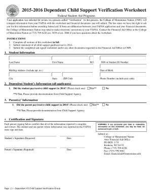 Fillable Online 20152016 Dependent Child Support Verification Worksheet ...