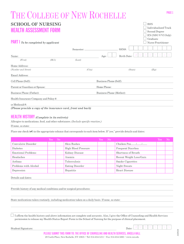 Fillable Online SCHOOL OF NURSING BSN HEALTH ASSESSMENT FORM Fax Email ...