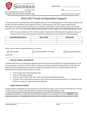 Fillable Online csustan 2016-2017 Proof of Dependent Support Fax Email ...