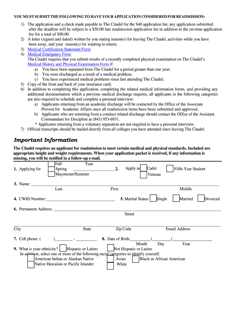 Fillable Online citadel Readmission Application Office of the Registrar ...