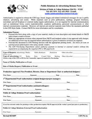 Fillable Online csn Public Relations Advertising Release Form - CSN Fax ...
