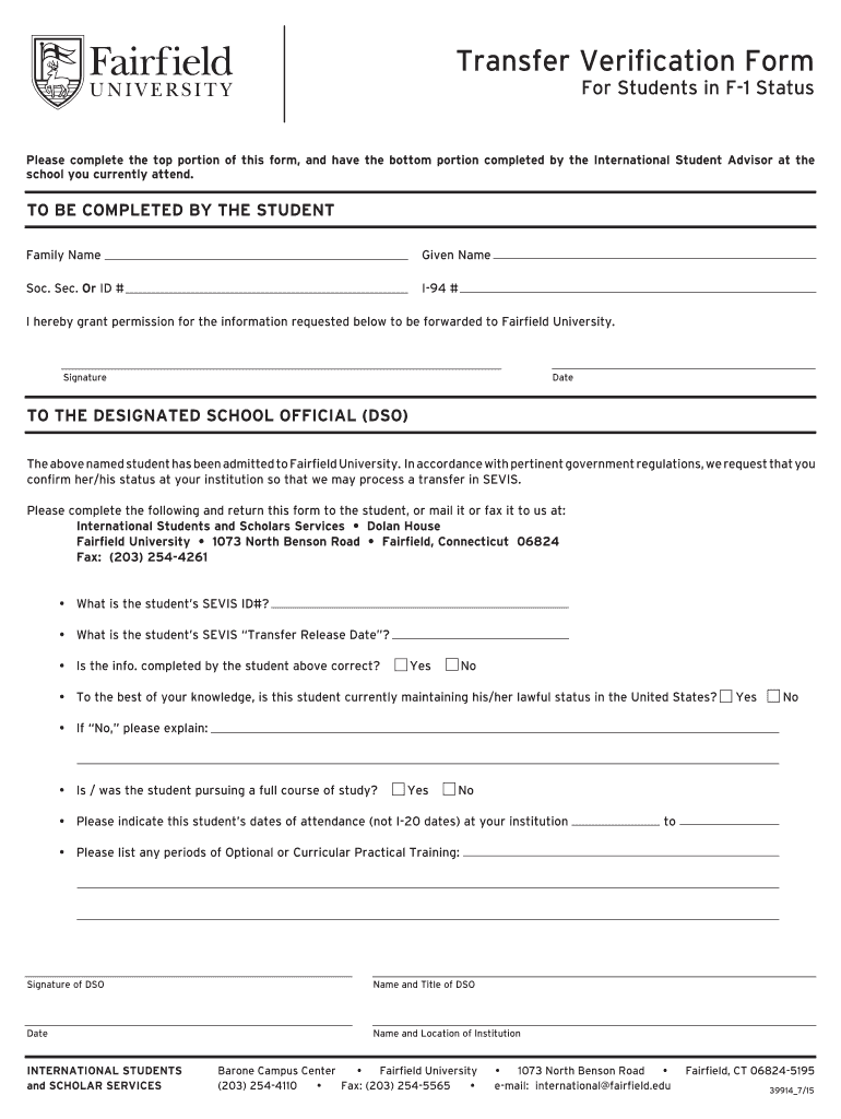 Fillable Online fairfield TO THE DESIGNATED SCHOOL OFFICIAL DSO Fax ...