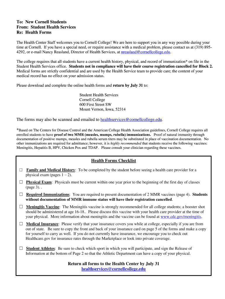 Fillable Online cornellcollege To New Cornell Students From Student Health Services Re Fax Email ...